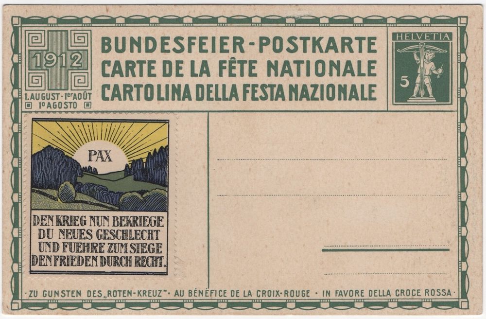 BF-Postkarte von 1912 mit seltener PAX Vignette (Neu (gemäss ...