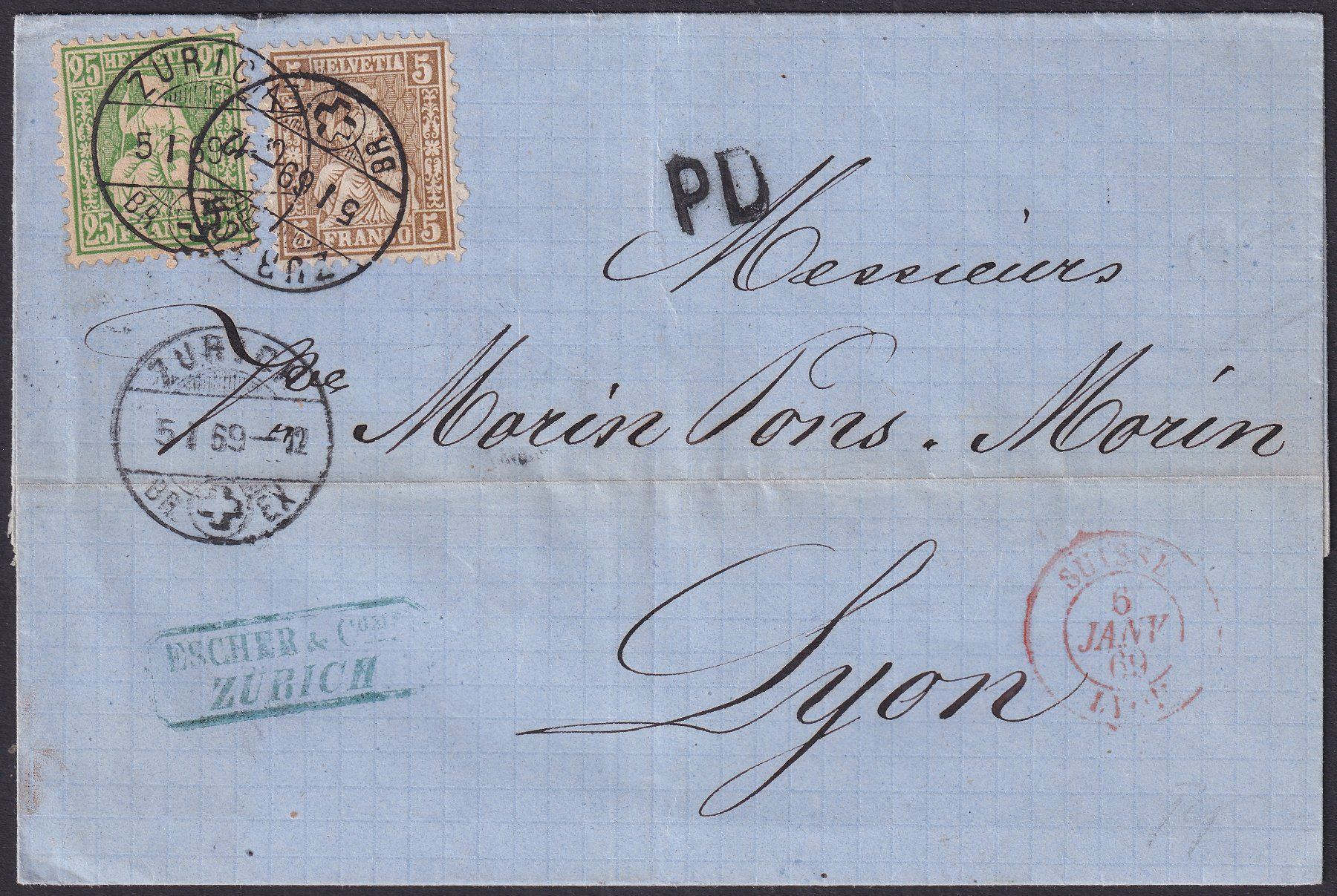 1869, Escher-Brief von ZÜRICH nach LYON (FR) mit Nr.30+40 (Gebraucht ...
