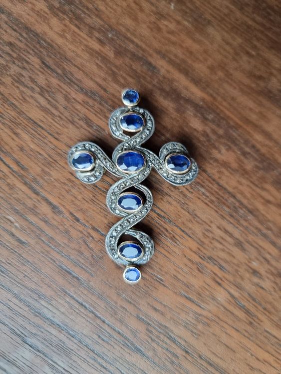 Kreuzanhänger Saphir 4.39ct, Diamanten 0.74ct, Gold 585, 800 (Neu ...