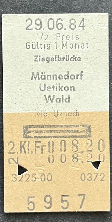 Ziegelbrücke Männedorf Uetikon Wald via Uznach Billett 1984 (Gebraucht) in Wabern für CHF 2 ...