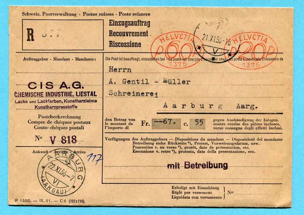 Einzugsauftrag Liestal 1956 - CIS A.G. mit Freist. u. Quittu (Gebraucht ...