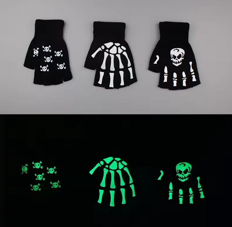 FINGERLOSE Handschuhe LEUCHTEN im Dunkel Skelett Skull Bones (Neu ...
