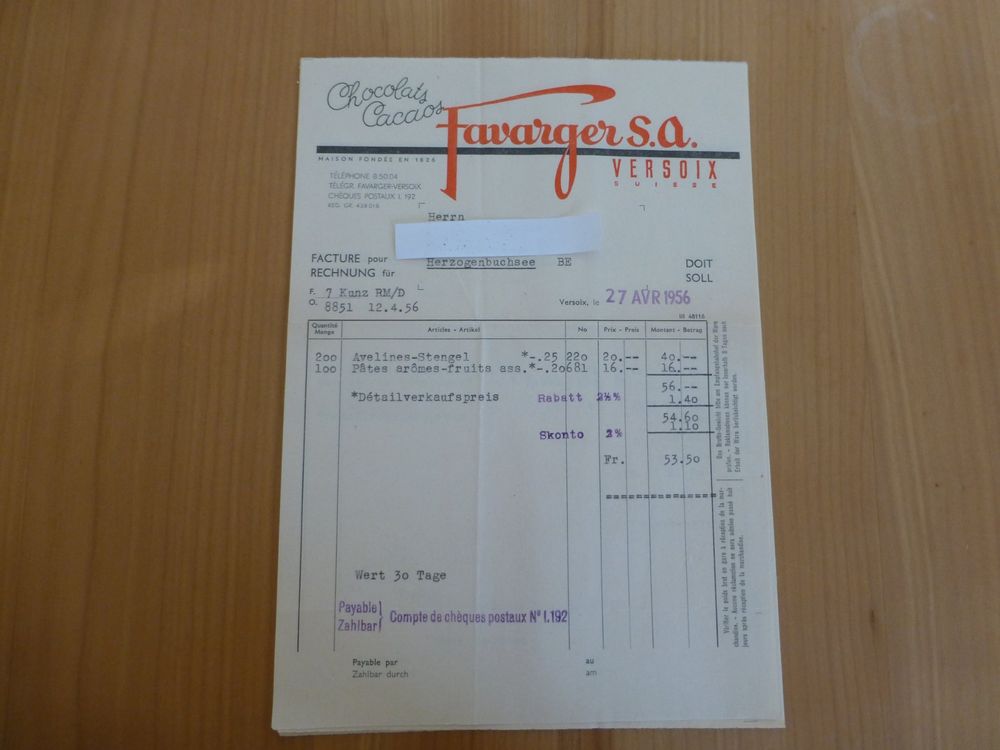 Versoix, Favarger SA, Chocolats, Cacaos, 1956 (Gebraucht) in Bettlach für CHF 1.5 – mit ...
