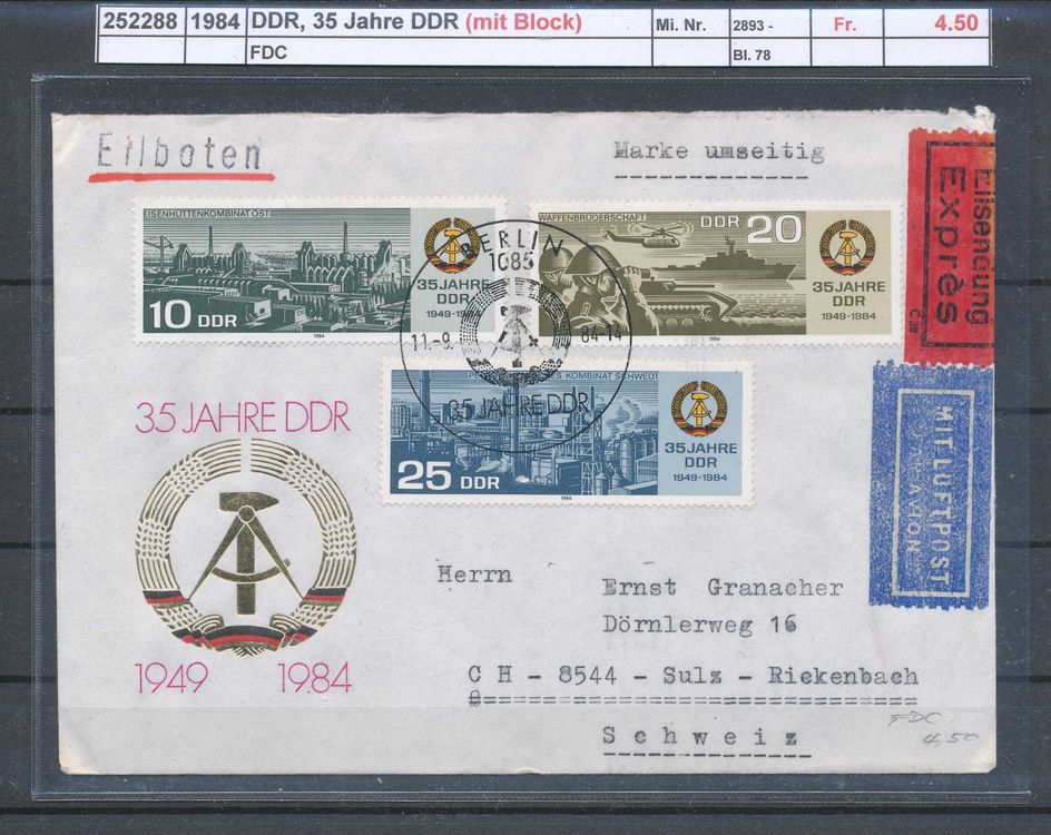 1984 DDR, "35 Jahre DDR", FDC (mit Block) (Gebraucht) in Winterthur für ...