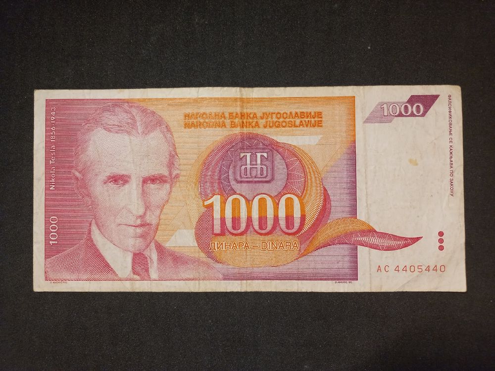 Jugoslawien 1000 Dinara 1992 Nikola Tesla Banknote (Gebraucht) in ...