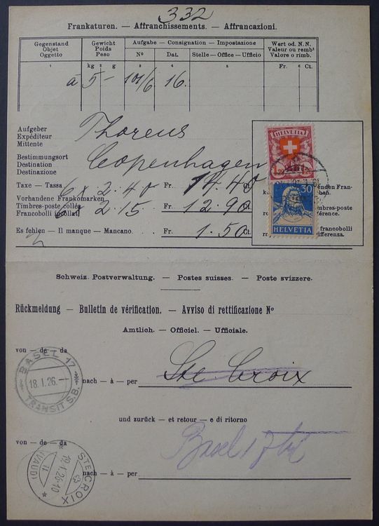 1926, Rückmeldungs-Post-Formular, ST.CROIX nach Dänemark (Gebraucht) in ...
