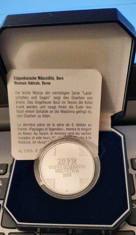 Pièce commémorative de CHF 20.-- Le dragon de Breno 1996 (Neu und originalverpackt) in Cornaux ...