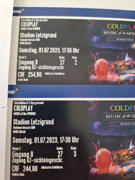 2× Tickets für Coldplay im Stadion Letzigrund (Neu (gemäss Beschreibung ...