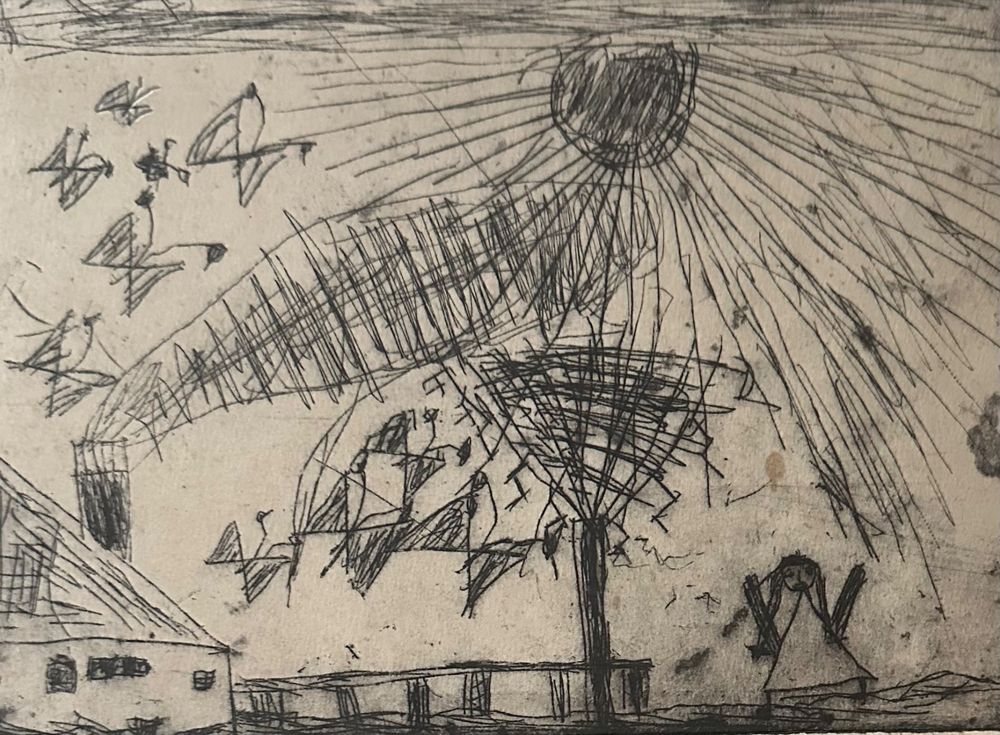 Anfang 20.J.H. Art-Brut Radierung mit Sonnenstrahl (Gebraucht) in Root ...