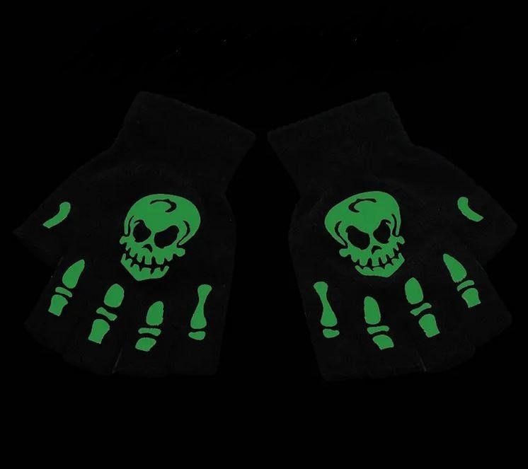 FINGERLOSE Handschuhe LEUCHTEN im Dunkel Skelett Skull Bones (Neu ...