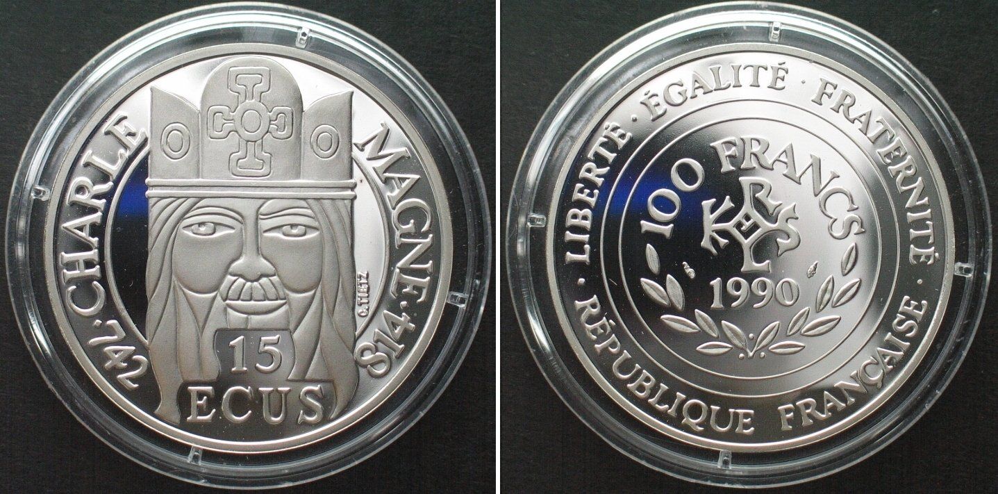FRANCE 100 Francs 15 Ecus 1990 CHARLEMAGNE argent FLAN BRUNI (Gebraucht ...