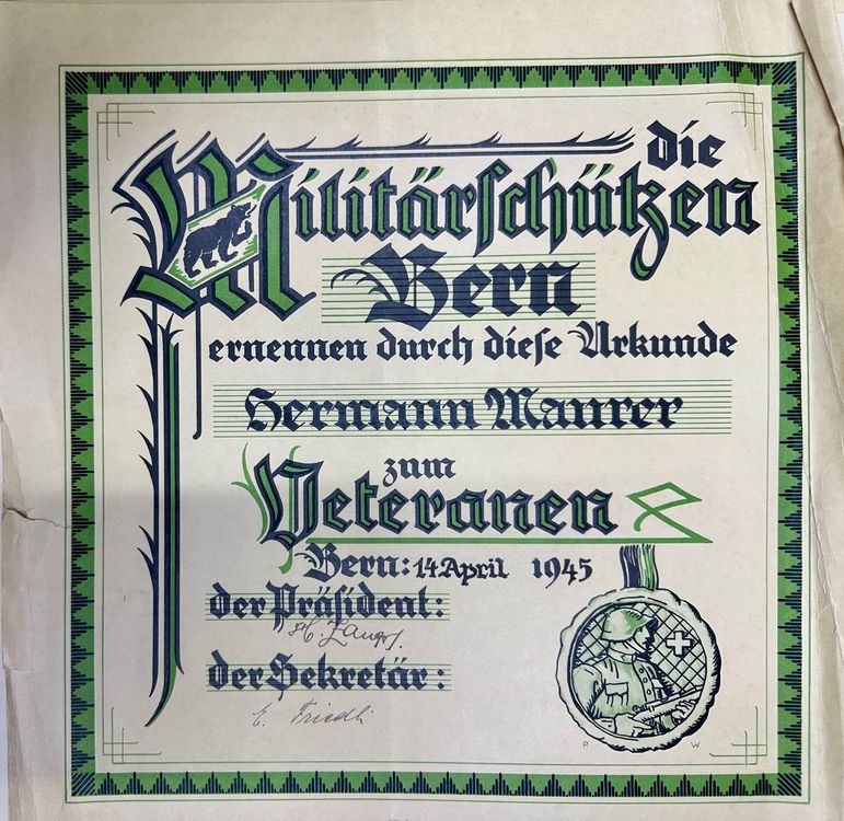 Urkunde von Militarschütze Bern 1945, 43x30 cm | Kaufen auf Ricardo