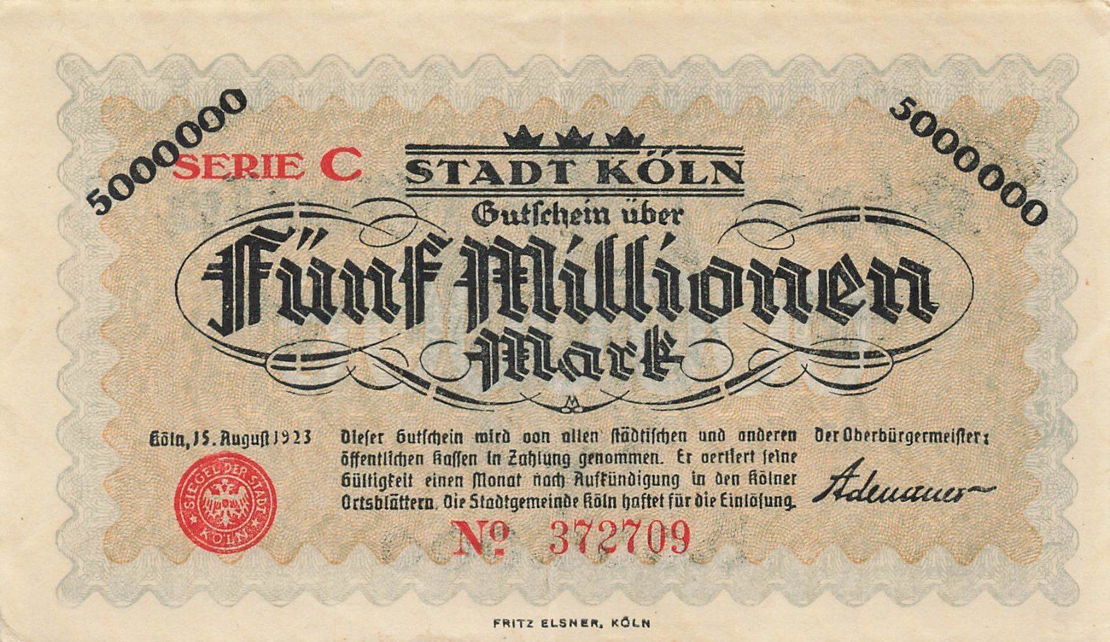 Köln 5 Mil. Mark 15.08.1923 KN 6 stellig VZ-VZ+ (Gebraucht) in ...