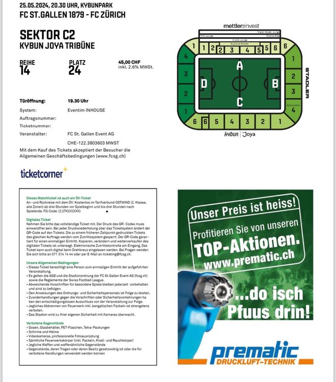 Zwei top Sitzplätze für FC St. Gallen vs. FC Zürich | Kaufen auf Ricardo