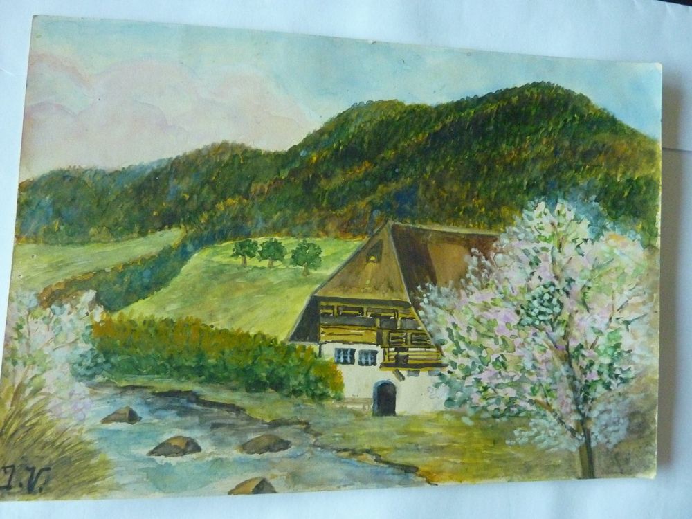 AQUARELL BAUERNHAUS MIT BACH UND BÄUMEN SIGNIERT J.V. (Gebraucht) in Zürich für CHF 11 – mit ...