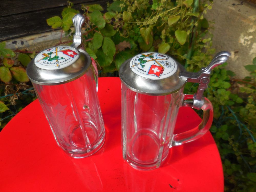 2 Chopes en verres avec couvercle en étain (Feldschlössen) (Gebraucht ...