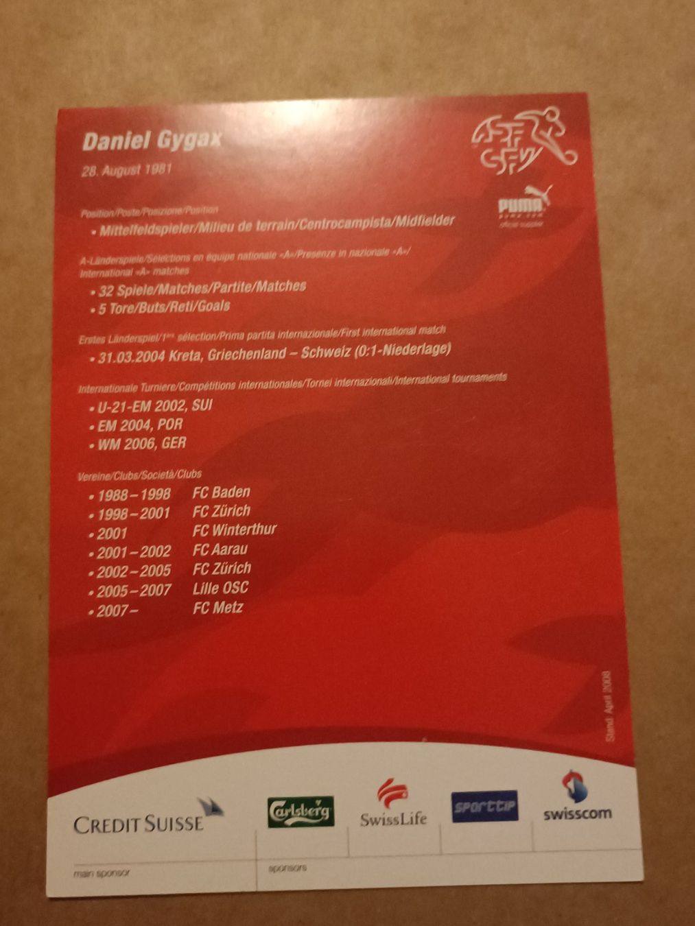 Daniel Gygax - handsigniert SFV Karte (Gebraucht) in Menziken für CHF 4 ...