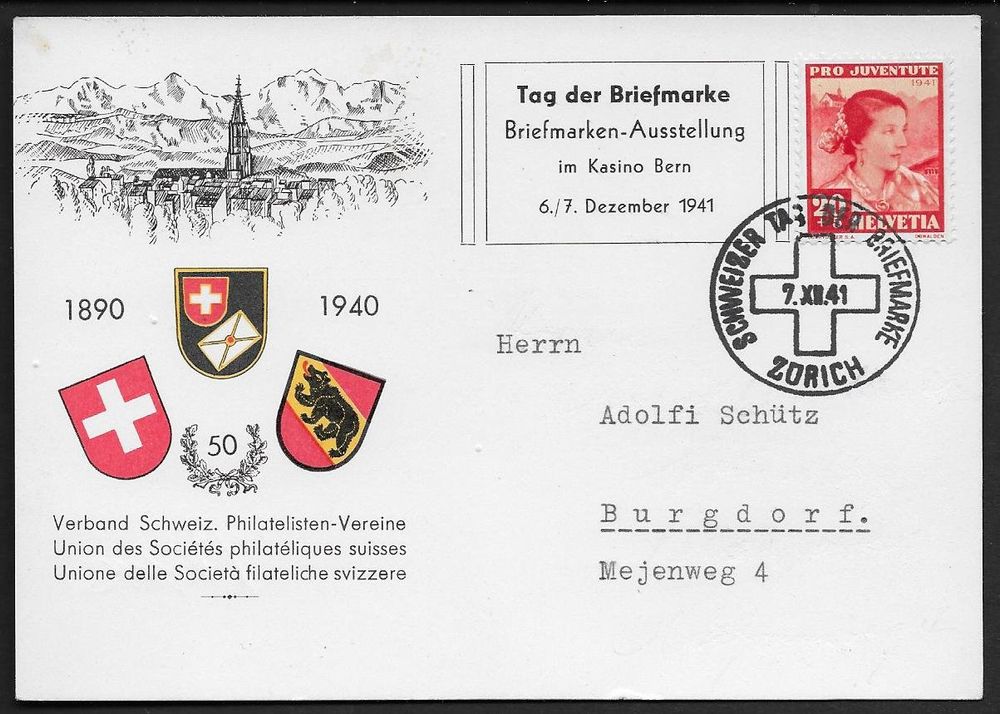 1941 Karte Tag d.Briefmarke o Zürich Zudruck selten ab 1.- (Gebraucht) in Zürich für CHF 21 ...