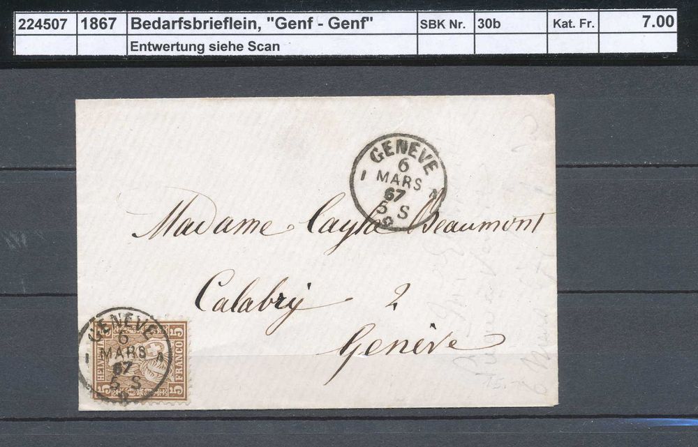 1867 Sitzende Helvetia - 5 Rp., SBK Nr. 30b, "Genf" (Gebraucht) in Winterthur für CHF 5 – mit ...