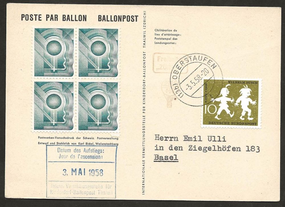 Ballon Schweiz 1958 Schlieren BRD Oberstaufen Luftpost (Gebraucht) in Au ZH für CHF 4 – mit ...