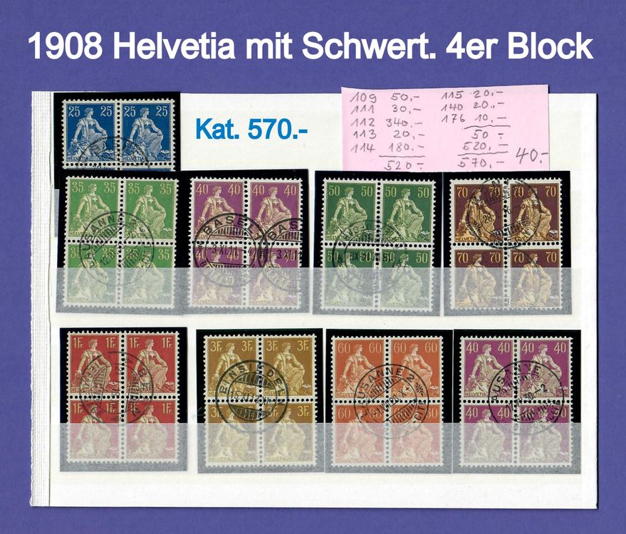 Helvetia mit Schwert 1908-1940 9 Stück 4er-Block mit Stempel | Kaufen auf Ricardo
