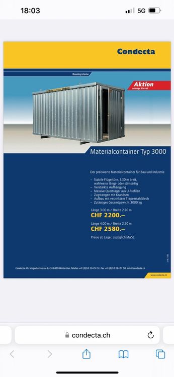Materialcontainer 220x300 Condecta (Gebraucht) in Egg b. Zürich für CHF 1450 – nur Abholung auf ...