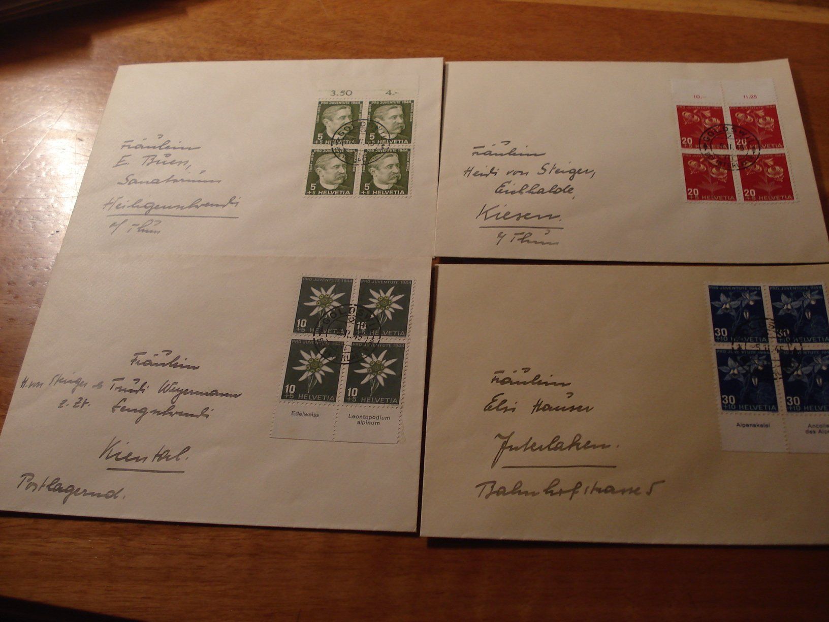 Juventute Briefsatz 1944, 4rerblocks, o Goldswil b Interlake (Gebraucht ...