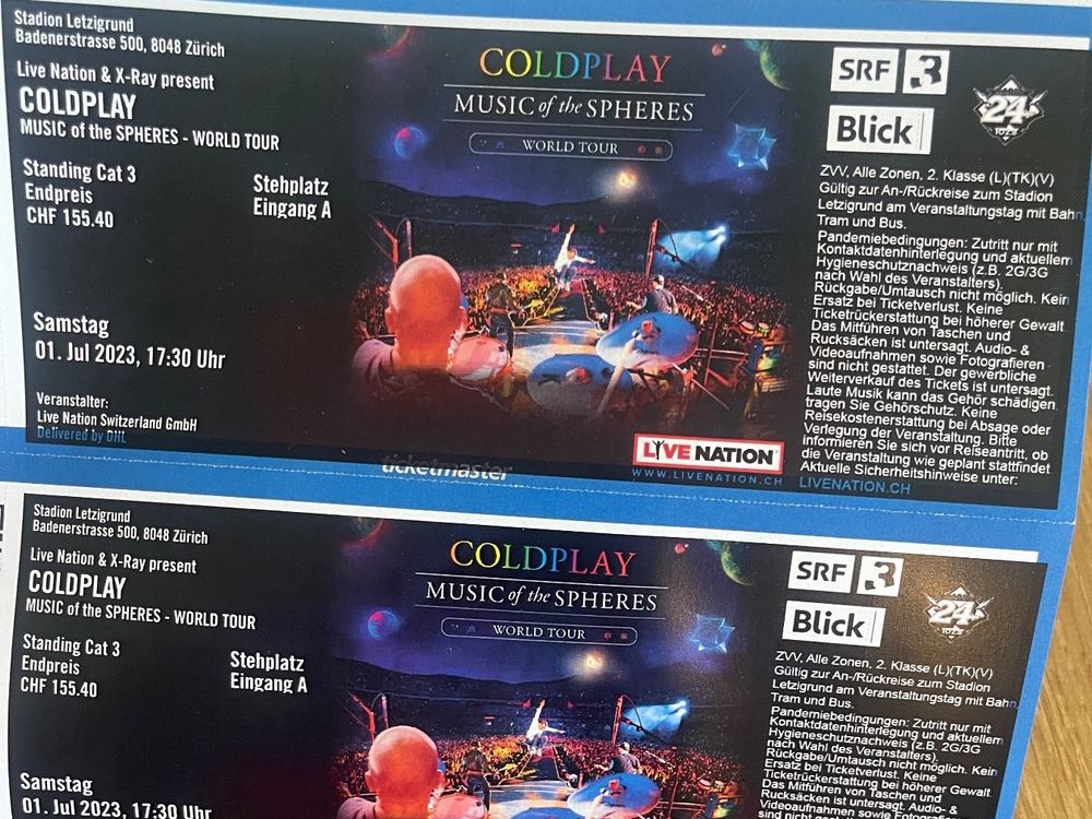 2 COLDPLAY Tickets Stehplätze 01.07.2023 in Zürich | Kaufen auf Ricardo