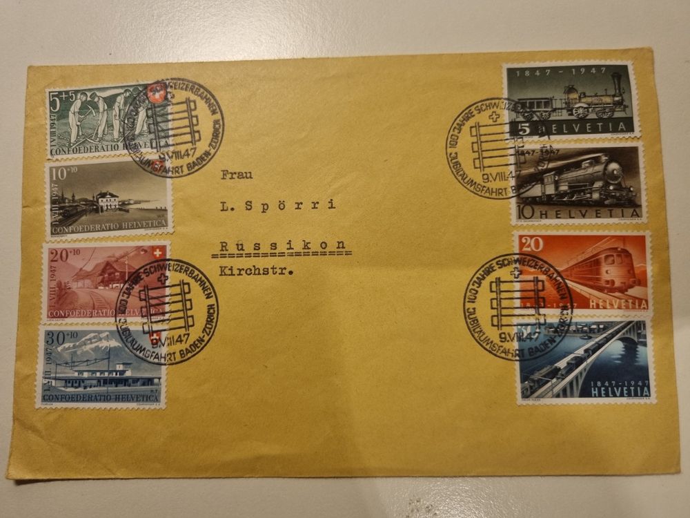 1947 FDC 100 Jahre Eisenbahn mit Pro Patria Satz (Gebraucht) in Arni AG für CHF 3 – mit ...