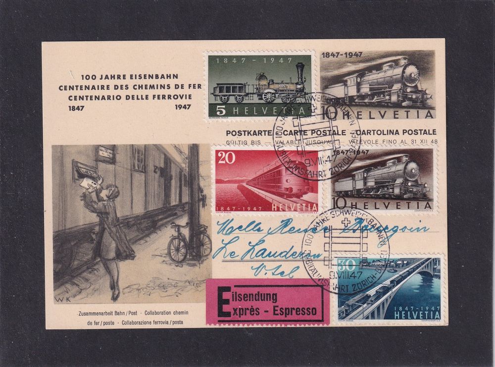 Carte postale 100 Jhre Eisenbahn / Express 9.8.1947 (Gebraucht) in Orvin für CHF 8.5 – mit ...