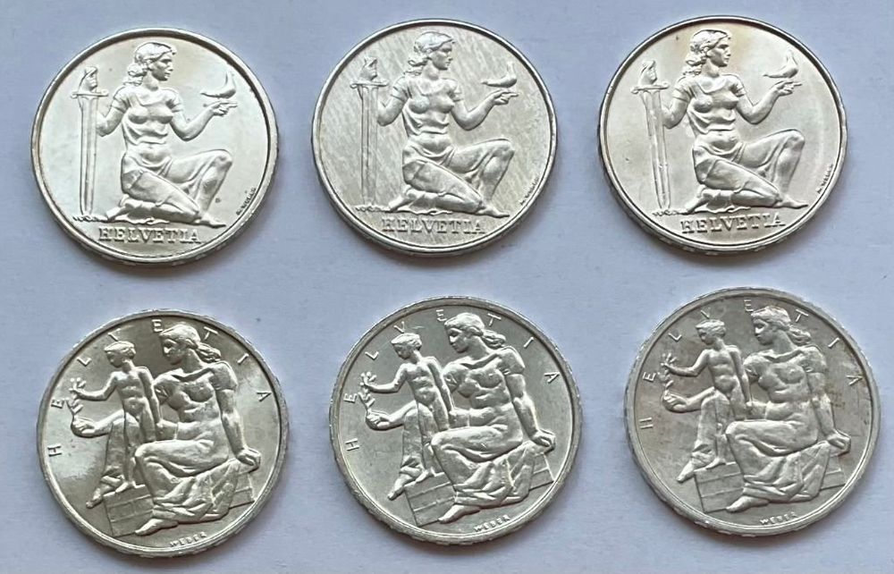 6 Schweizer Silber 5 Franken-Gedenkmünzen von 1936 / 1948 (Gebraucht) in Zürich für CHF 82 – mit ...