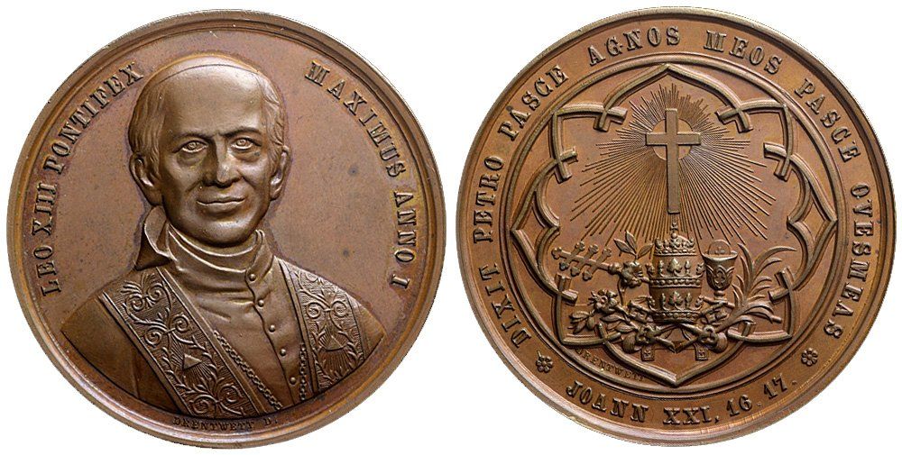 b- Rom, Leo XIII., Medaille AN I (1878) Drentwett (Usato) a Chiasso per ...