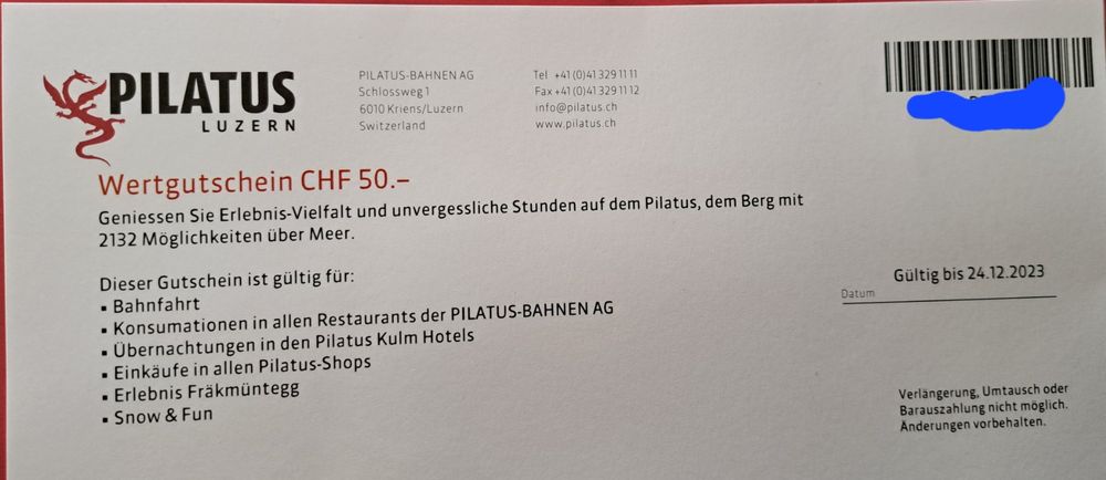 Pilatus Gutscheine 4x50.‐ | Kaufen auf Ricardo