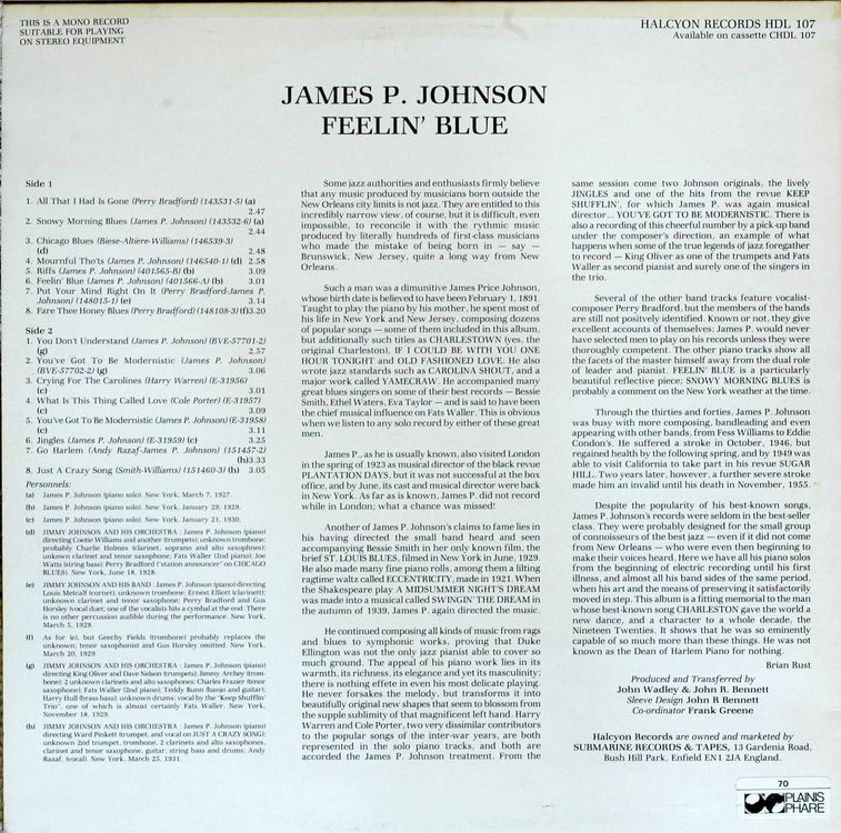 Jazz-LP: James P. Johnson "Feelin' Blue" (Halcyon) (Gebraucht) in ...