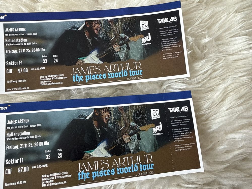 James Arthur Tickets, 21.11.2025 Zürich, Sektor F1! (Neu und ...