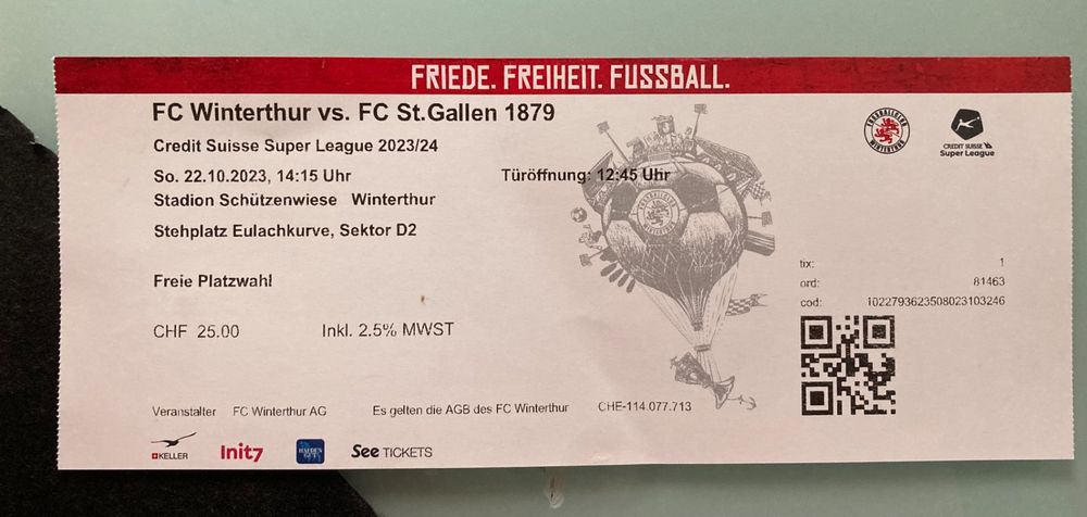 Eintrittskarte FC Winterthur gegen St.Gallen am 22.10,2023 i | Kaufen auf Ricardo