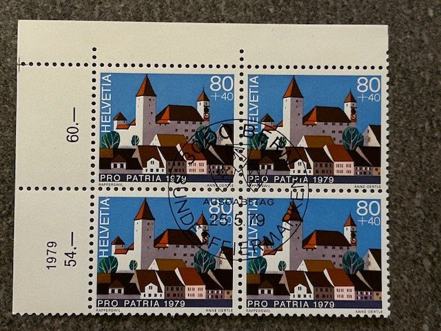 Rapperswil 1979 PRO Patria 4er Block 80 Rp. Zentrum Stempel (Gebraucht) in Ruswil für CHF 0.55 ...