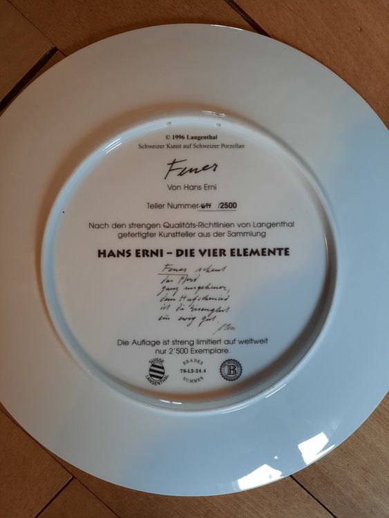 Hans Erni Teller Set (limitiert) Luft/Wasser/Erde/Feuer (Gebraucht) in Gutenburg für CHF 60 ...