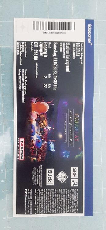 Coldplay Zürich 01.06 - 1 Ticket (Gebraucht) in Altendorf für CHF 290 – mit Lieferung auf ...