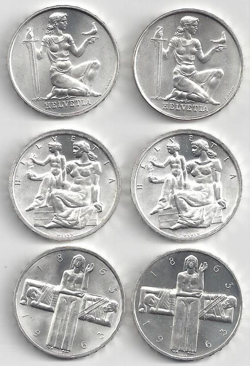 6 schöne Schweizer Silber 5 Franken-Gedenkmünzen 1936 - 1963 (Gebraucht) in Zürich für CHF 68 ...
