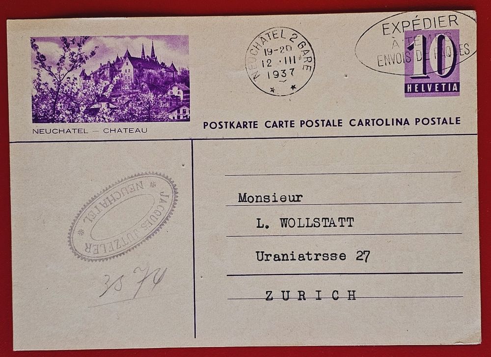 BILDPOSTKARTE BILD & STEMPEL NEUCHATEL JUTZELER ZÜRICH 1937 (Gebraucht ...