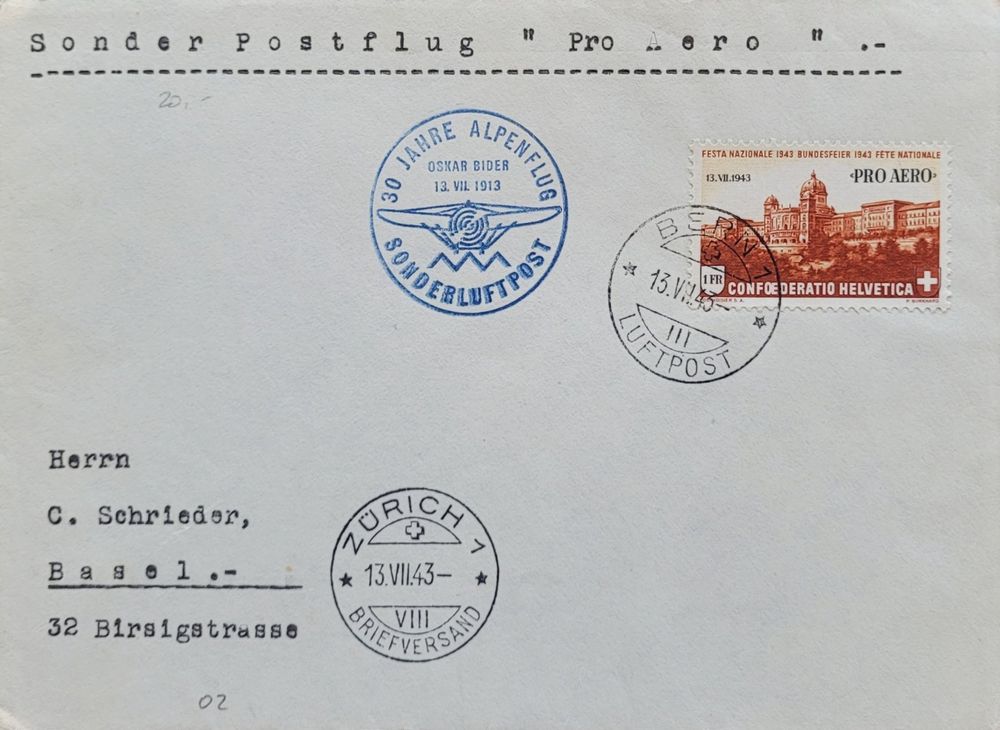 Luftpost Brief Bern Zürich 1943 Basel Pro Aero (Gebraucht) in Biel/Bienne für CHF 3 – mit ...