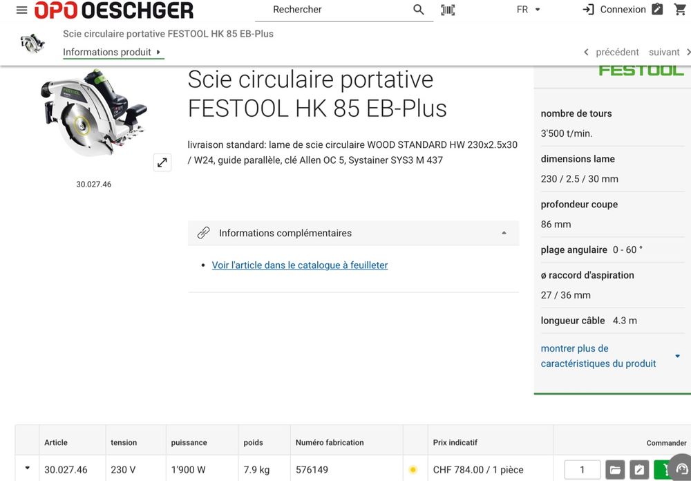 Scie circulaire portative FESTOOL HK 85 EB-Plus | Kaufen auf Ricardo