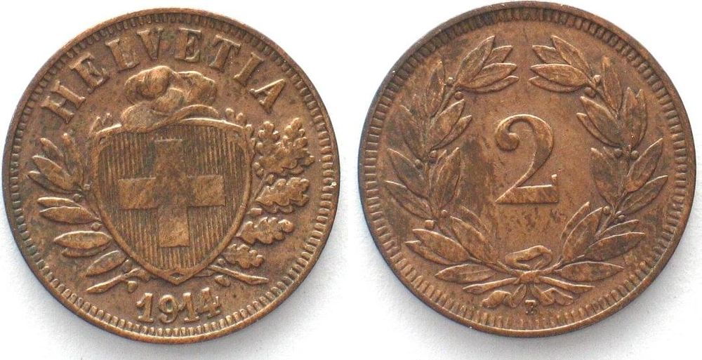 Schweiz EIDGENOSSENSCHAFT 2 Rappen 1914 Bronze (Gebraucht) in Riehen für CHF 25 – mit Lieferung ...