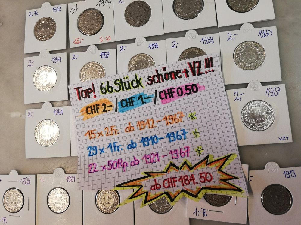 Top 66 Stk. SILBERMÜNZEN 2FR/1FR/ 50RP schöne +VZ!! ab 1910 (Gebraucht) in Engi für CHF 197.5 ...