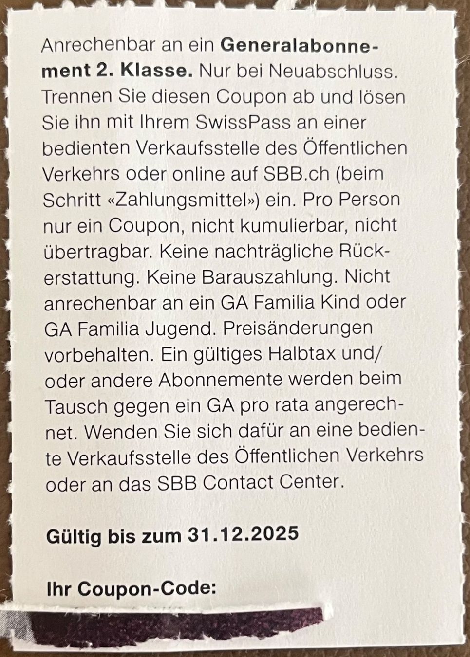 31. Dez.) SBB GA 2. Kl. 200 CHF Gutschein (Neu (gemäss Beschreibung ...