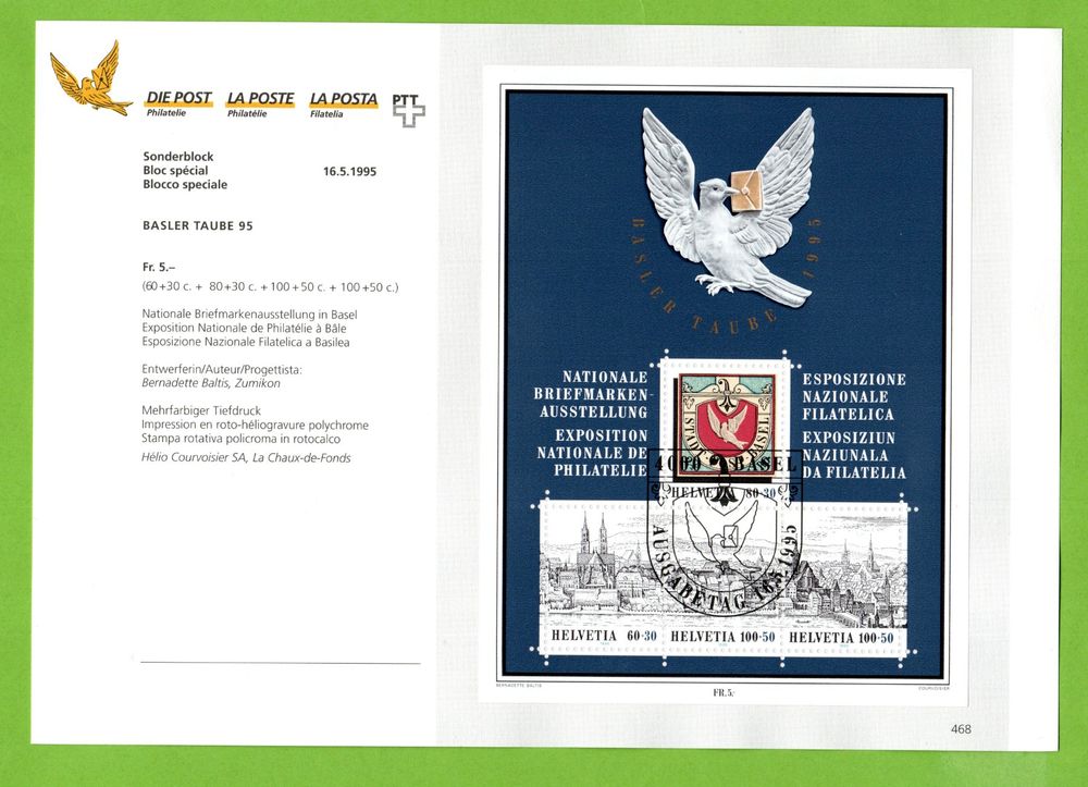 1995 Basler Taube Block FDC + Block ET + Sammelbl. SBK 32.-- (Gebraucht ...