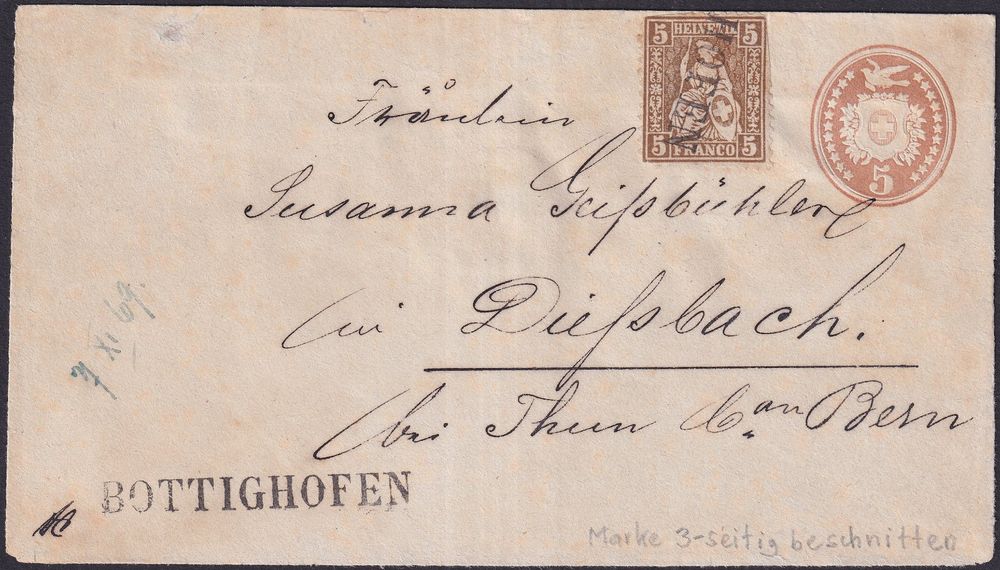 BOTTIGHOFEN (TG) Nr.30 auf Tüblibrief mit Stabstempel 1869. (Gebraucht ...