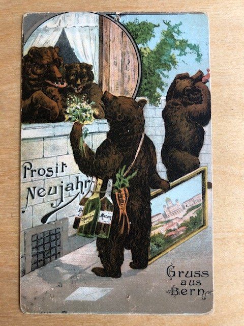 Antike Postkarte, Bärenkarte, Prosit Neujahr, 1907 (Gebraucht) in Basel für CHF 45 – mit ...