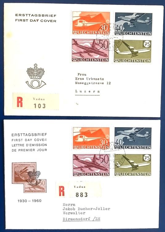 1960 Liechtenstein 2 x Div.R- FDC 30 Jahre Flugpostmarken (Gebraucht) in Liestal für CHF 9 – mit ...